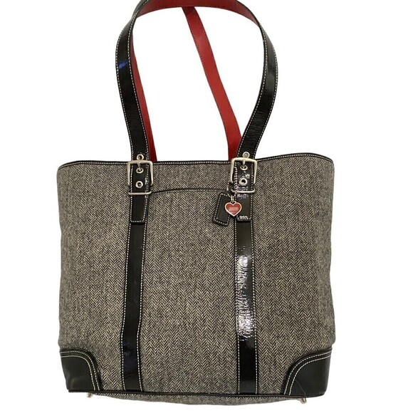 Coach | Bags | Coach Vintage Wool Tote Herringbone Gray Black Leather ...